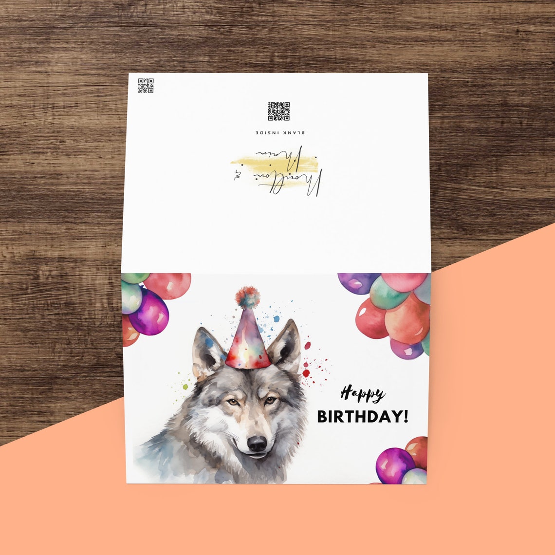 Wolf Birthday Card With Gray Wolf Portrait and Party Balloons A Unique ...
