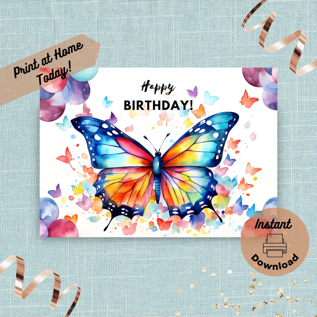 Printable Butterfly Birthday Card, Instant Digital Download Print at ...