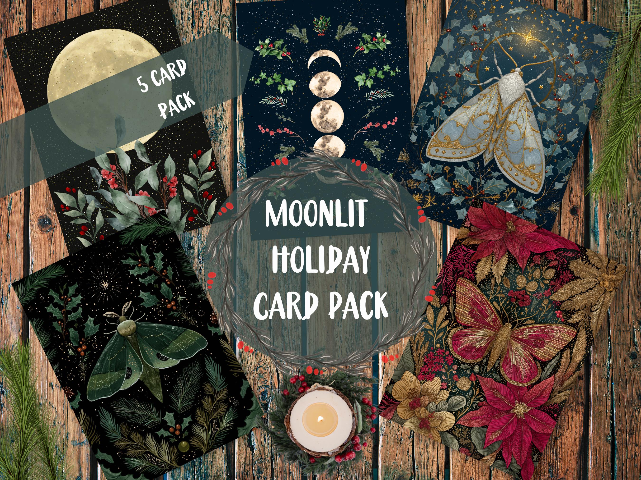 Moonlit Holiday Card Pack, Set of 5 Gothic Witchy Christmas Cards, Dark ...