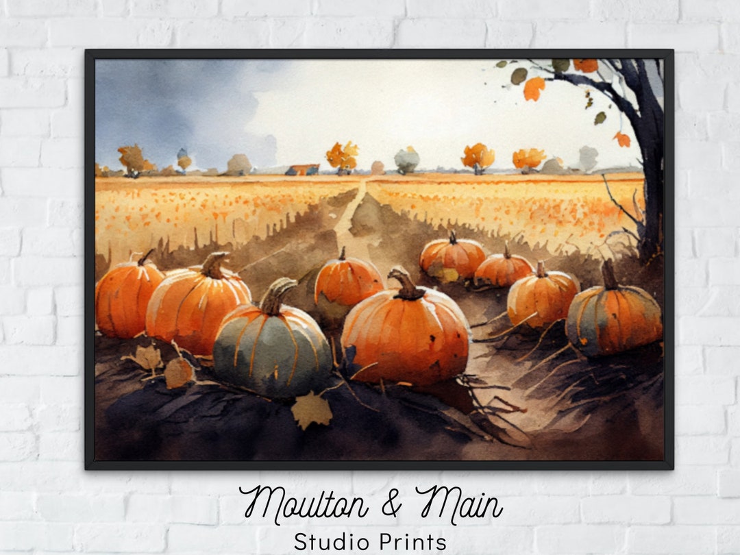 A Field of Pumpkins in Fall Printable Digital Download Watercolor ...