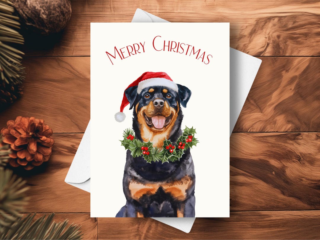 Rottweiler Christmas Card, Wearing A Santa Hat and Red Poinsettia ...