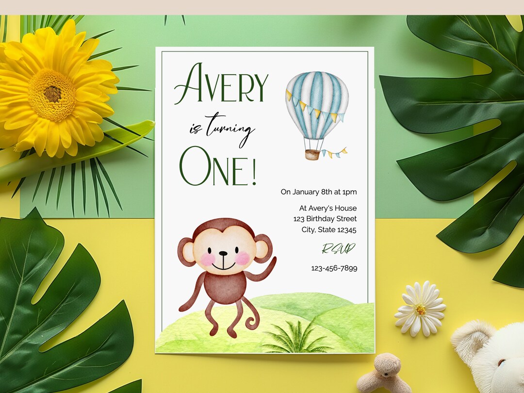 Printable Monkey Birthday Party Invitation Digital Editable Template ...