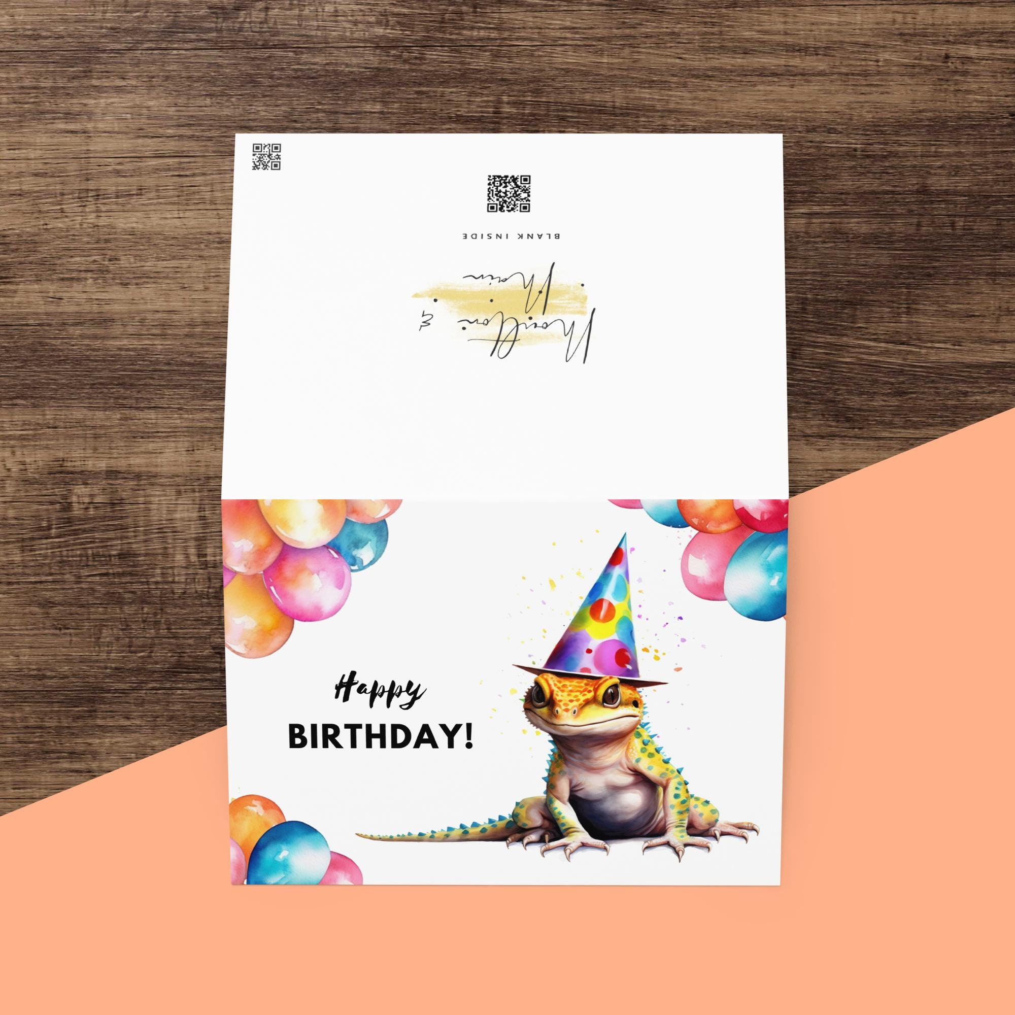 Gecko Birthday Card, Birthday Party Hat and Balloons, Colorful Leopard ...
