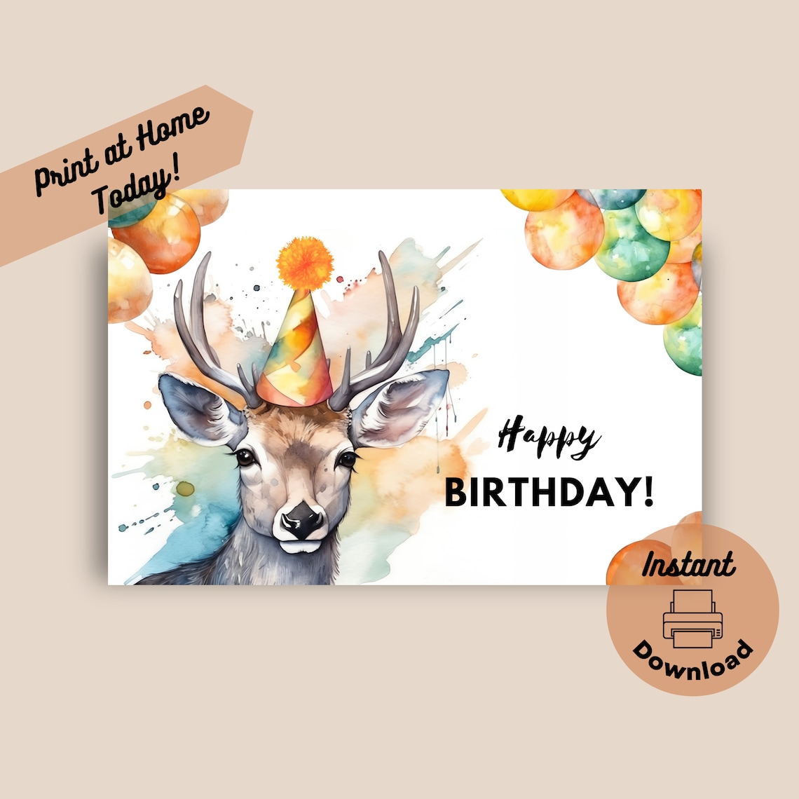 Printable Deer Birthday Card, Instant Download, Print at Home Card ...
