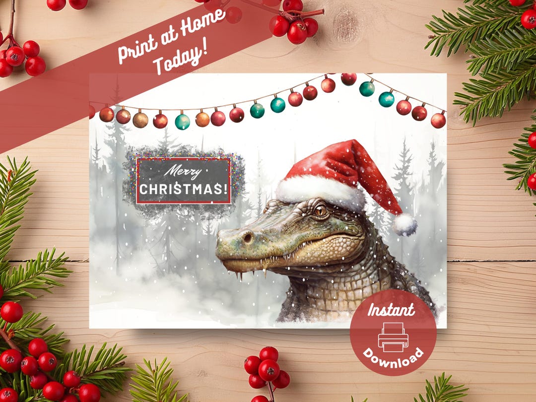 Printable Alligator Christmas Card, Instant Digital Download Print at ...