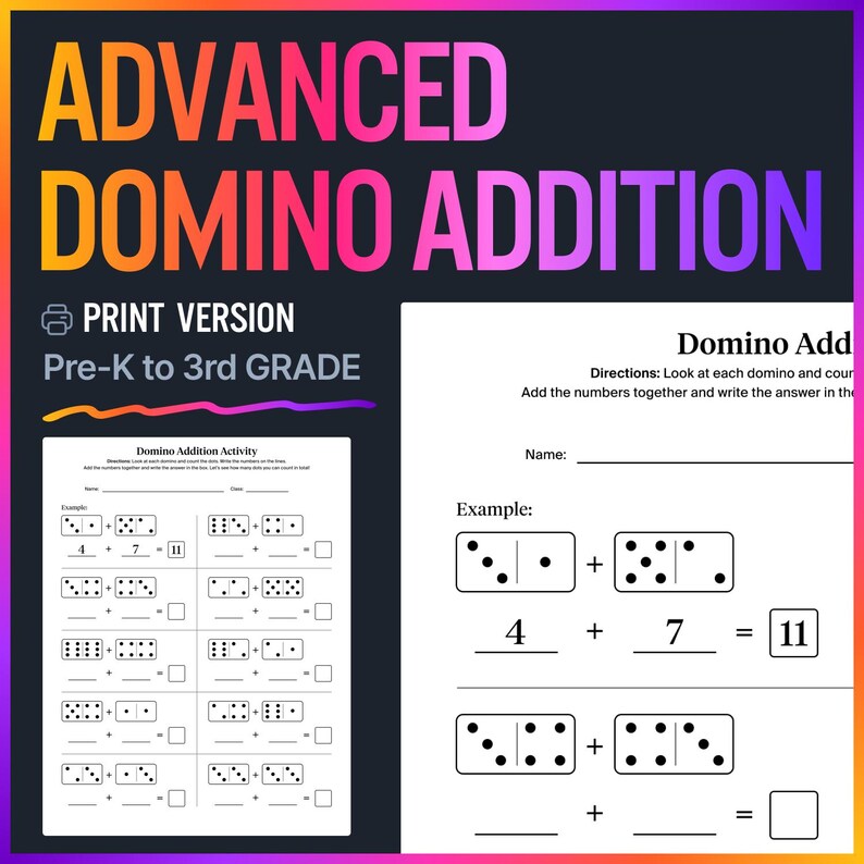 Advanced Domino Math Addition Cards Worksheets,math Practice ...