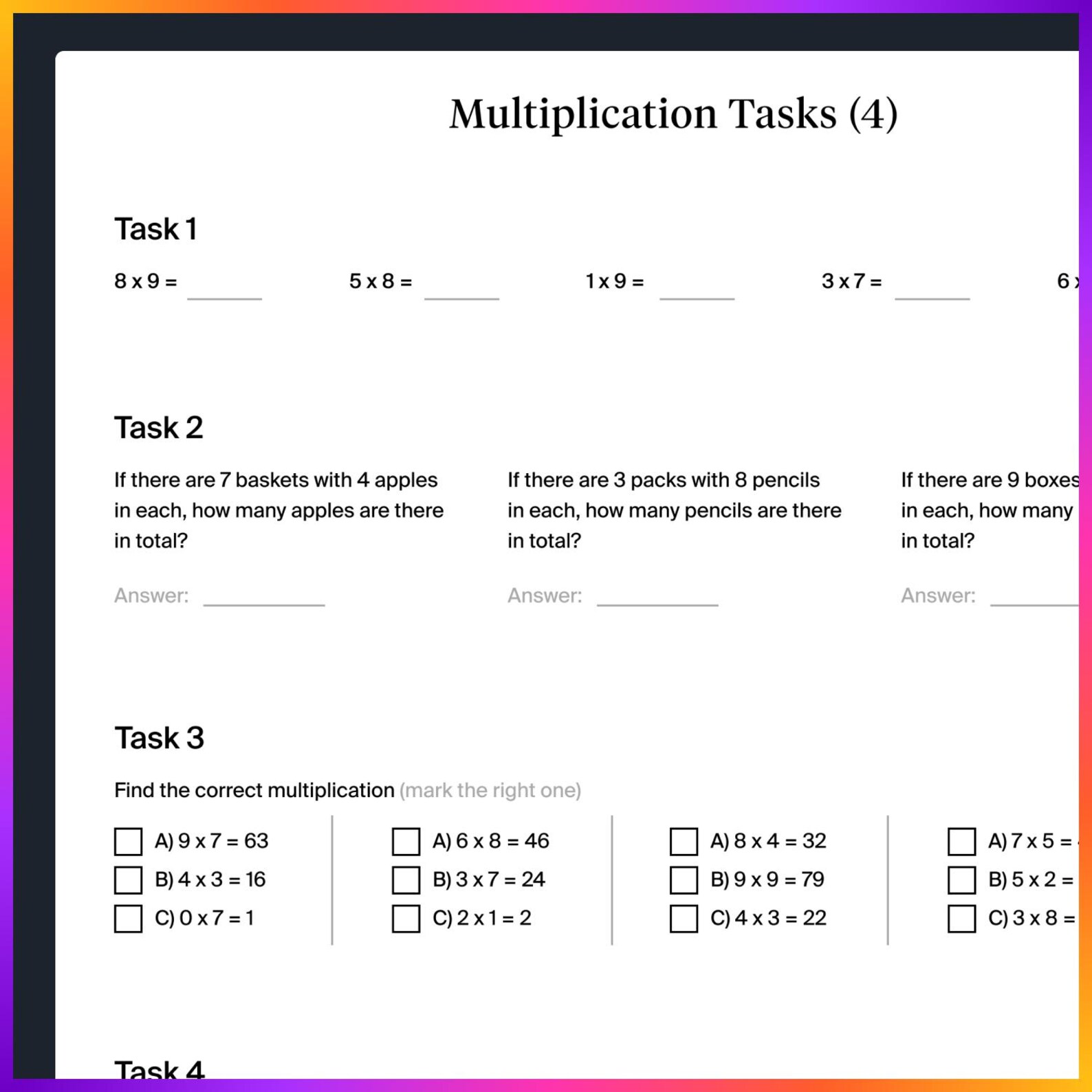 Multiplication Tasks Worksheets | Printable Math Practice for 2nd and ...
