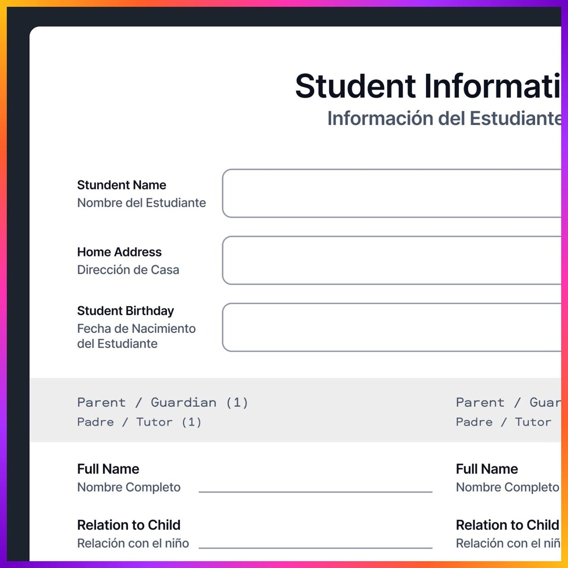 Student and Family Information Form - Bilingual (english and Spanish ...