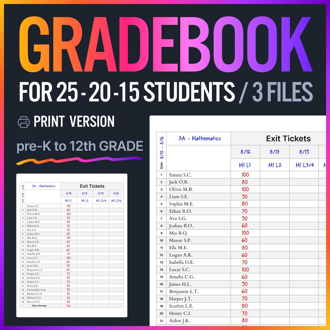 Exit Ticket Gradebook - Printable Templates for Classes of 25, 20, and ...