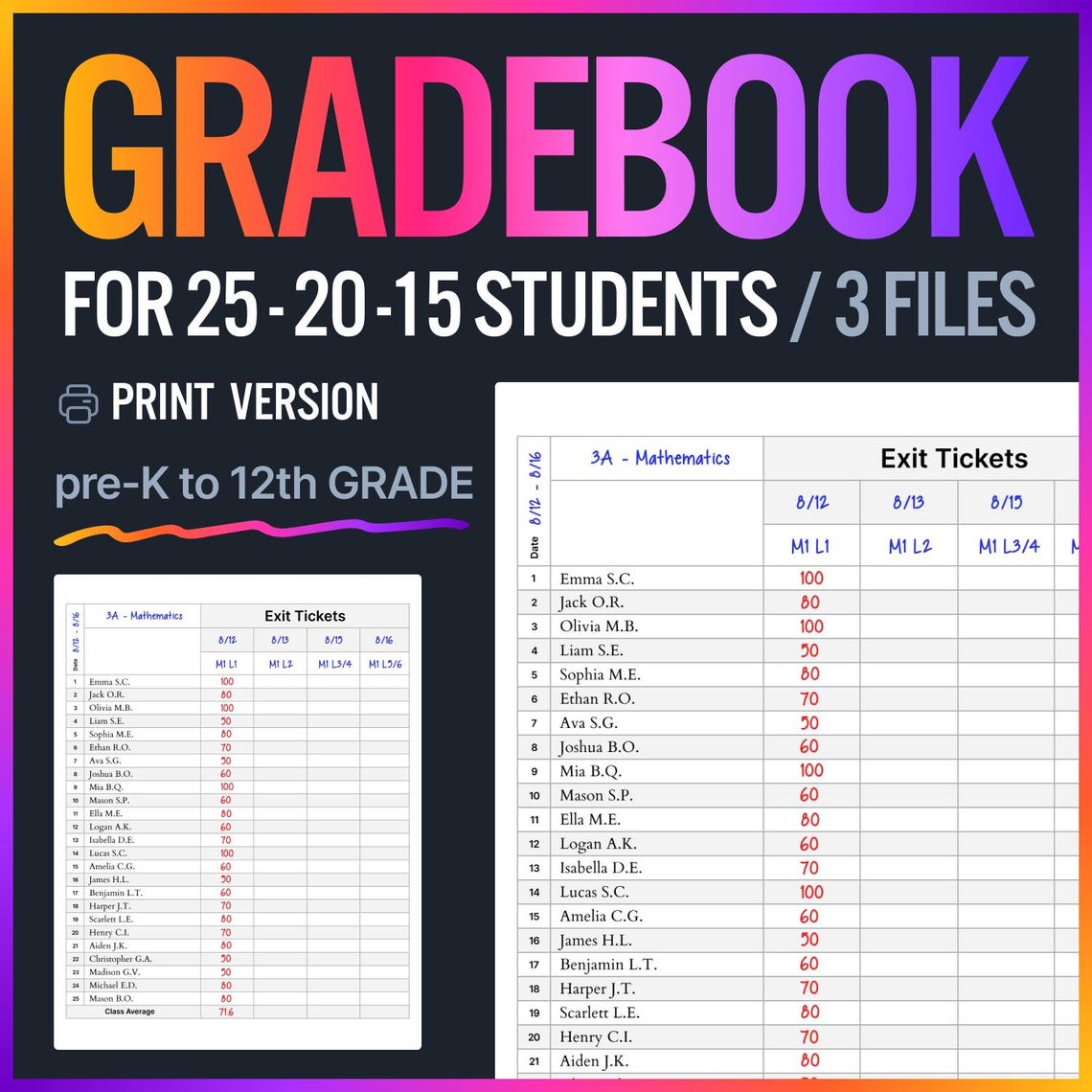 Exit Ticket Gradebook - Printable Templates for Classes of 25, 20, and ...