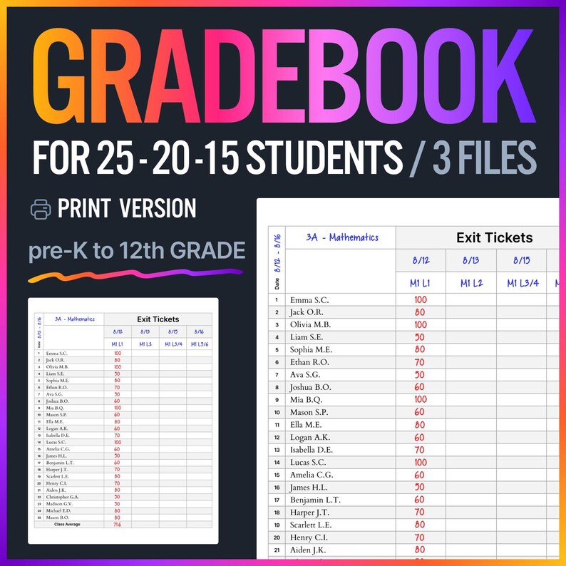 Exit Ticket Gradebook Printable Templates for Classes of 25, 20, and 15 ...