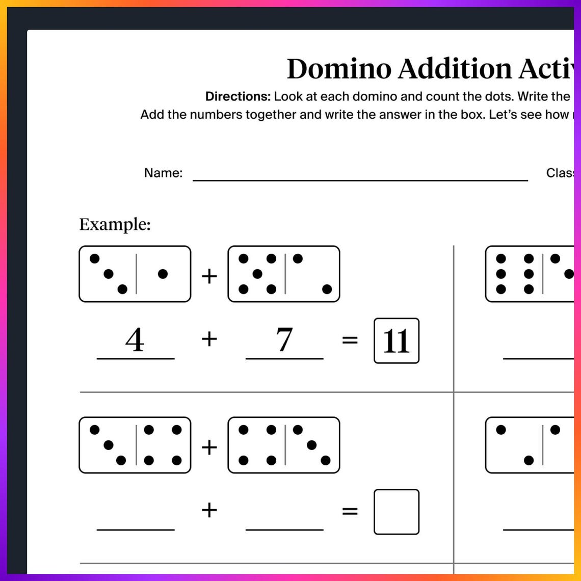 Advanced Domino Math Addition Cards Worksheets,math Practice ...