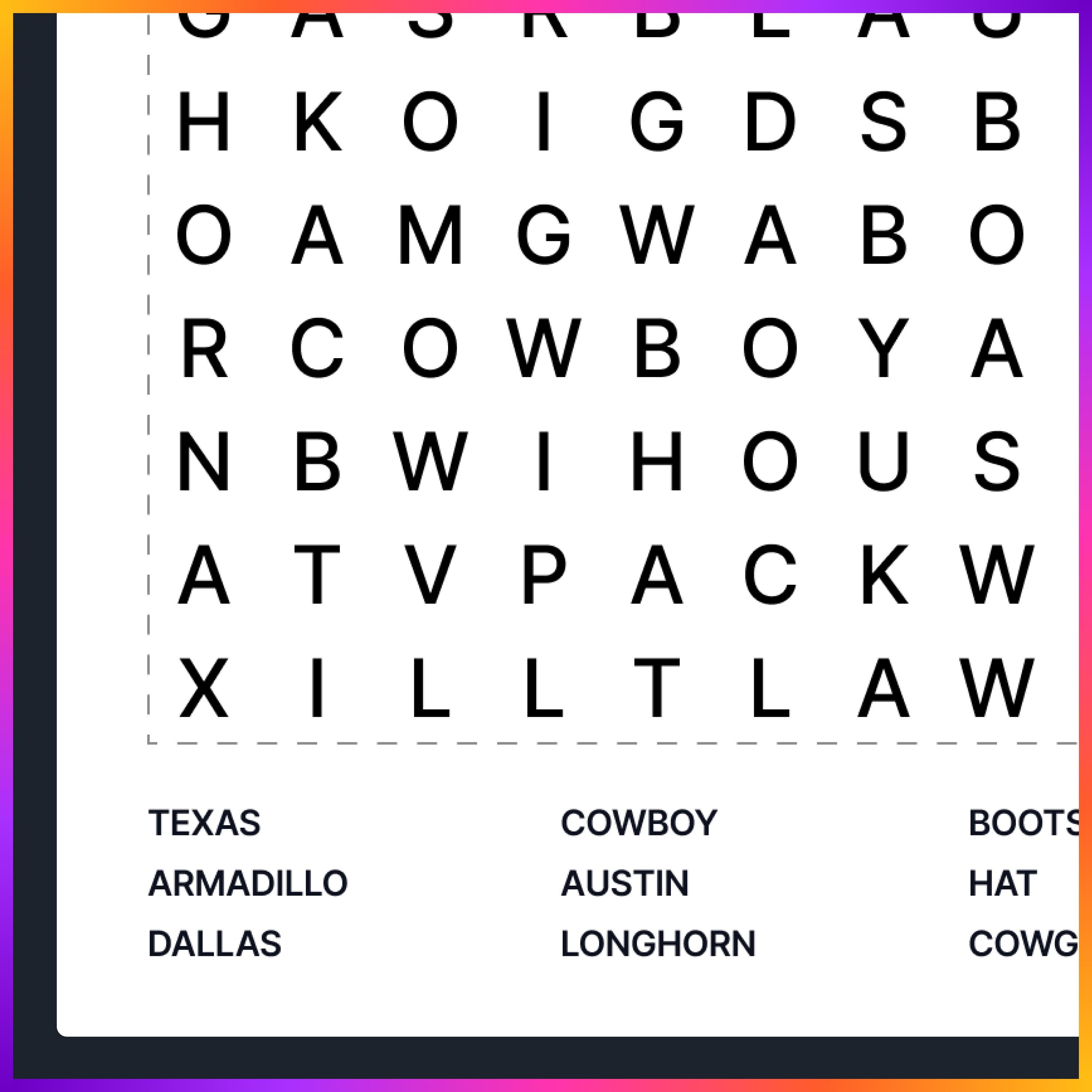 Texas Word Search Puzzle: Printable Activity Game (digital Download) - Etsy