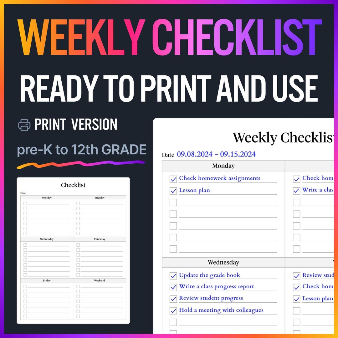 Weekly and Daily Checklist | Printable Task Organizer | To-do List for ...