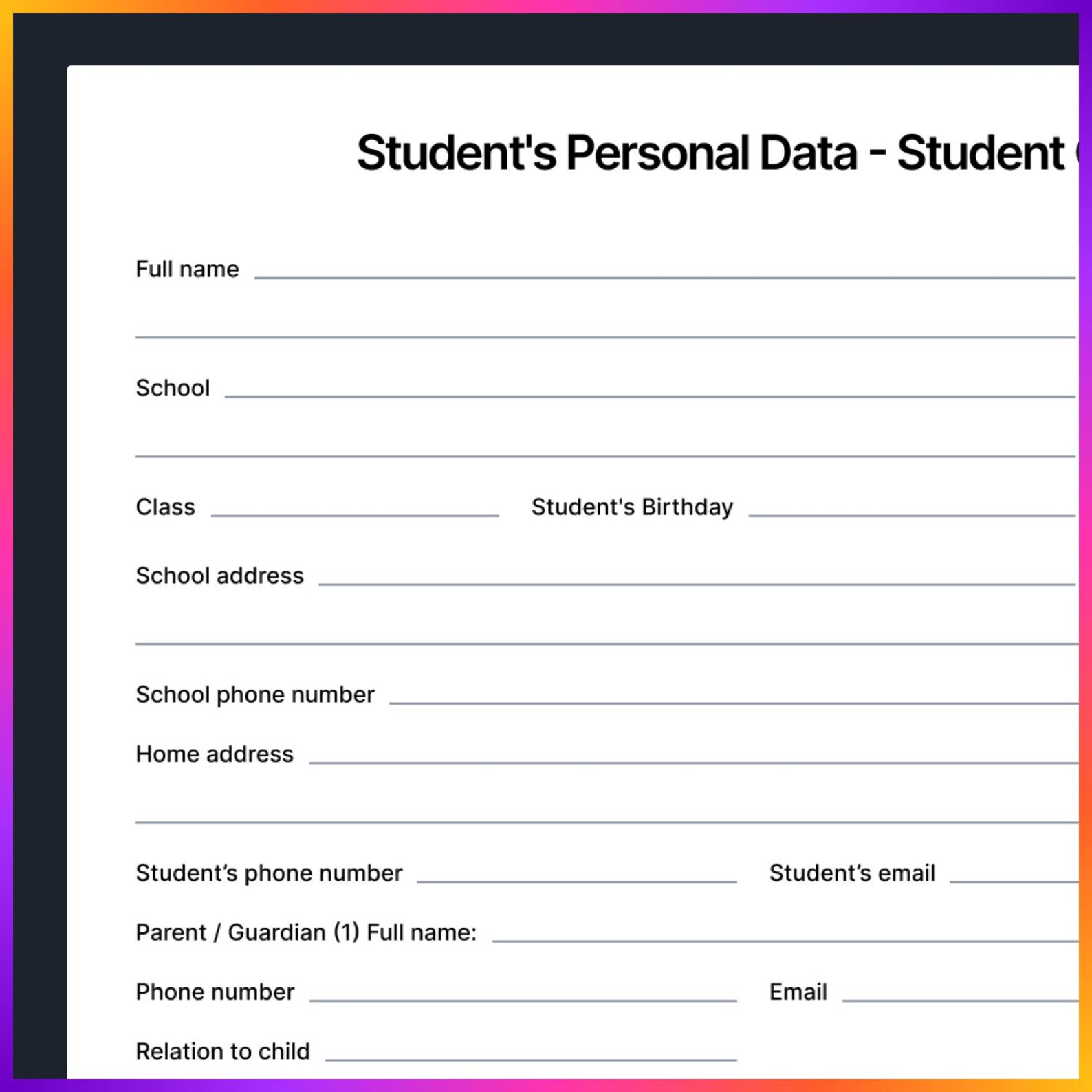 Student's Personal Data Card | Printable Student Information Sheet for ...