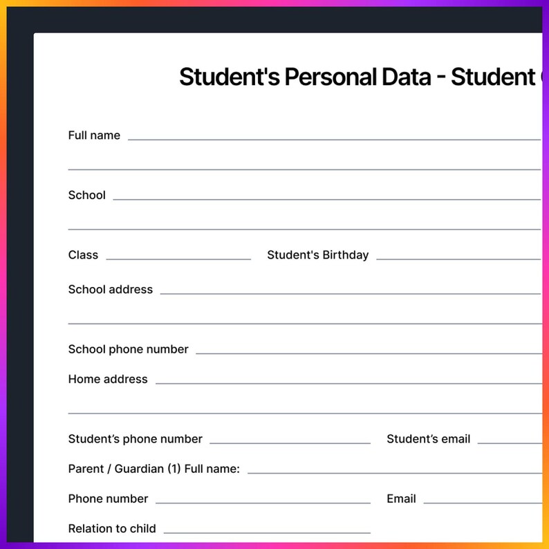 Student's Personal Data Card | Printable Student Information Sheet for ...