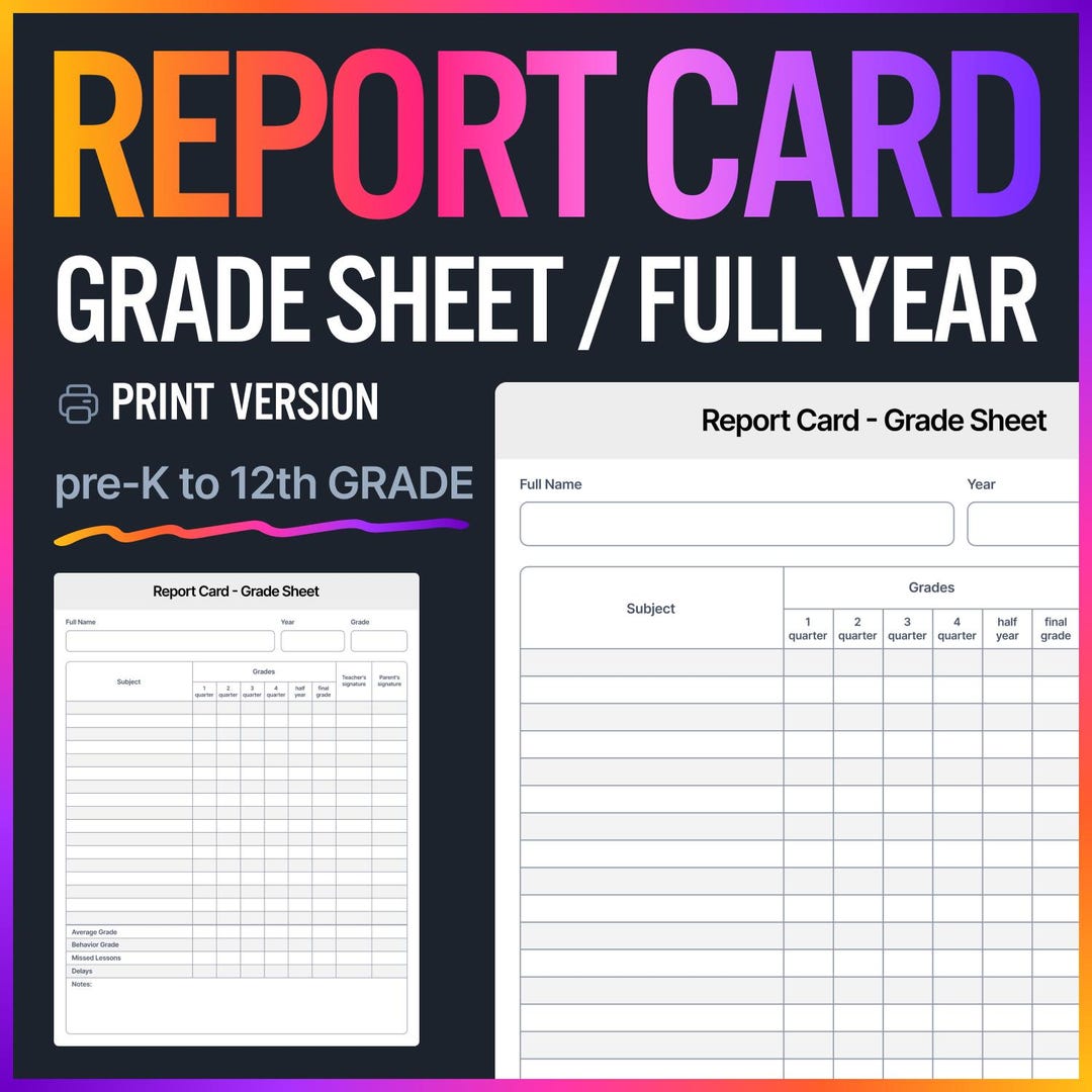 Full-year Report Card | Printable Student Grade Sheet | Pre-k to 12th ...