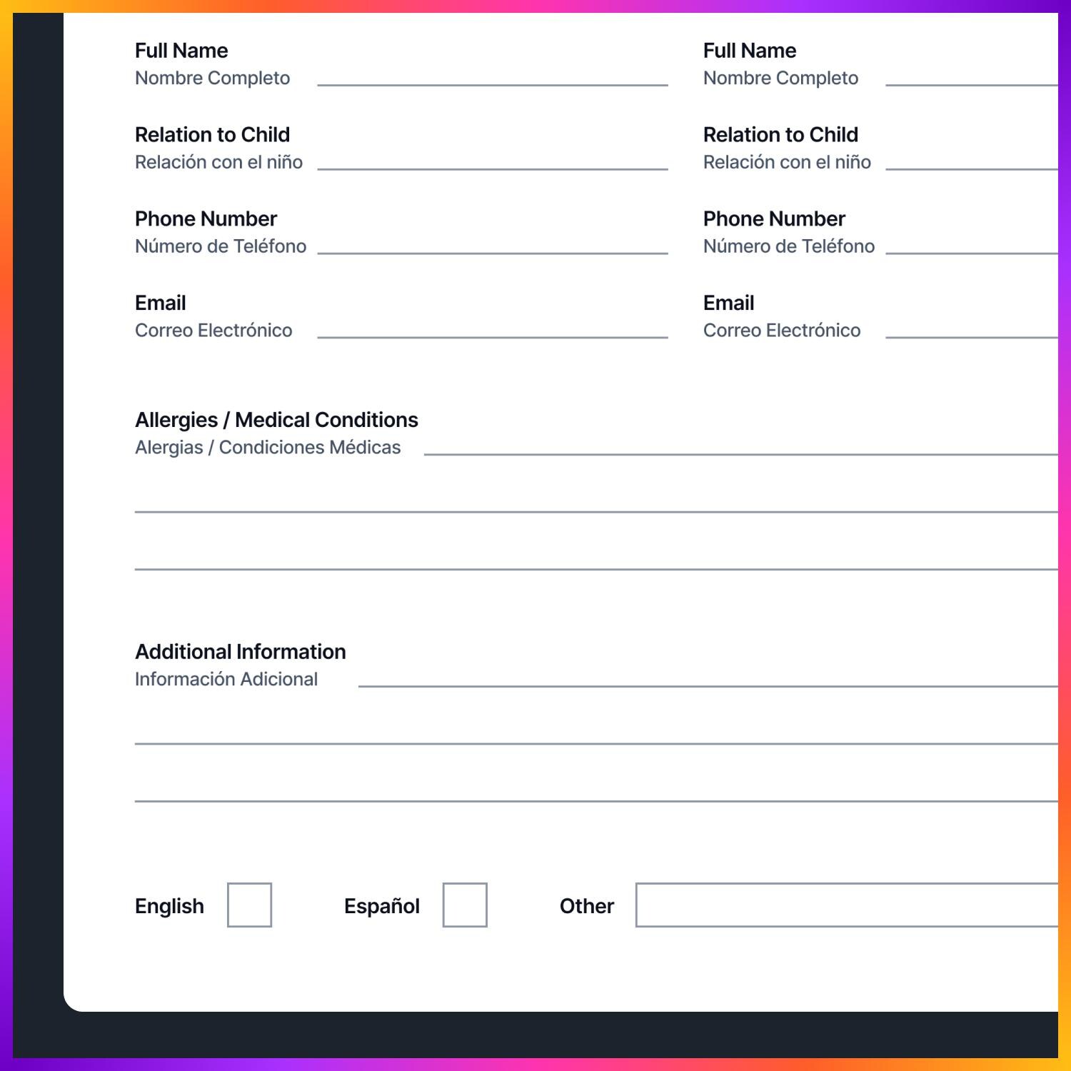 Student and Family Information Form - Bilingual (english and Spanish ...