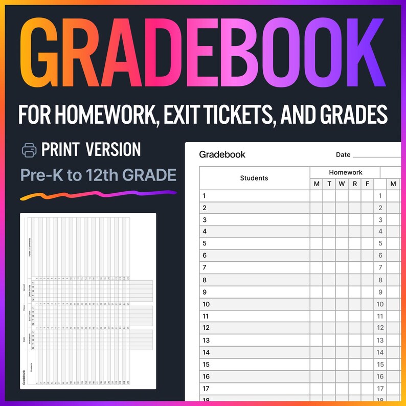 Class Record Sheet Gradebook Tracker for Homework and Exit Ticket ...