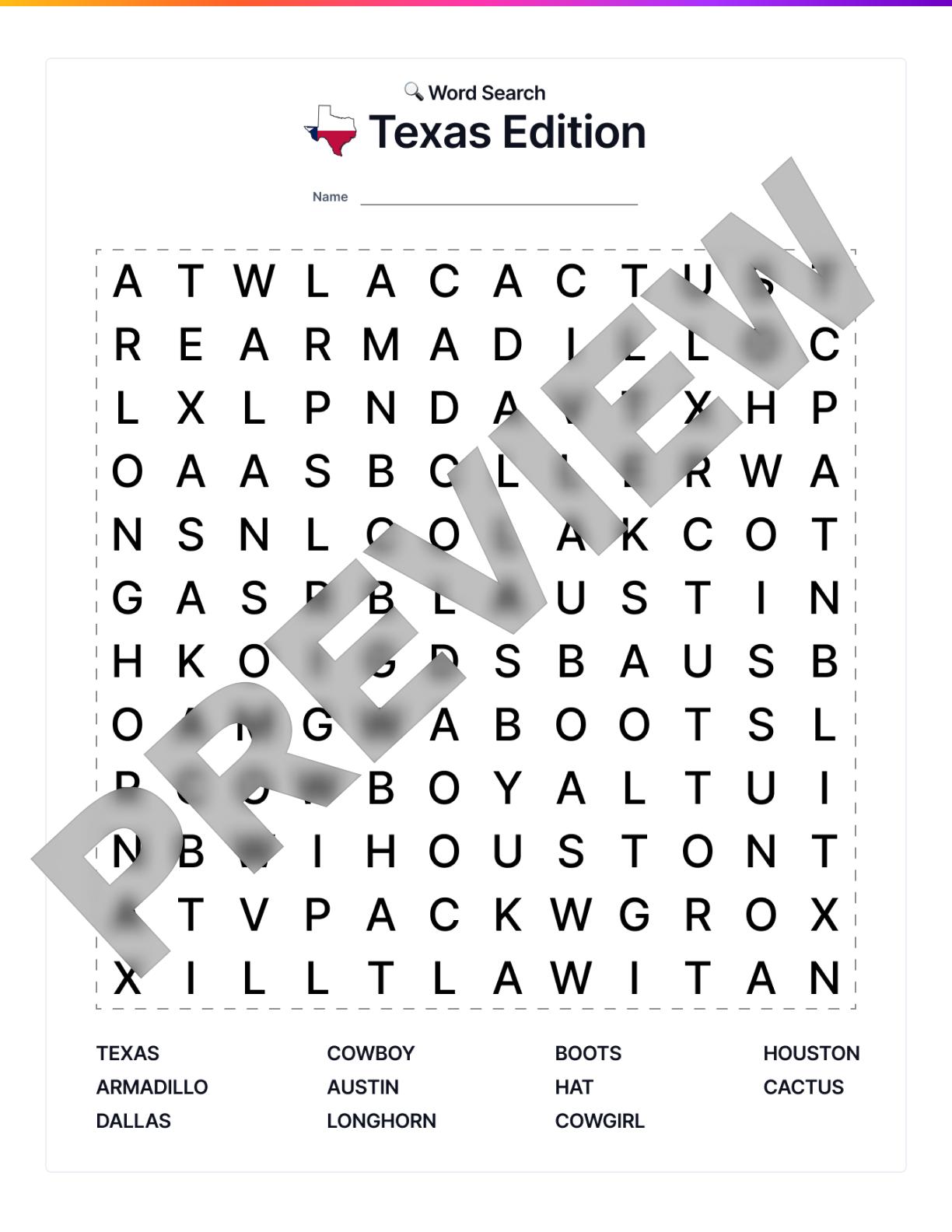 Texas Word Search Puzzle for Kids | Printable Activity Game | Instant ...