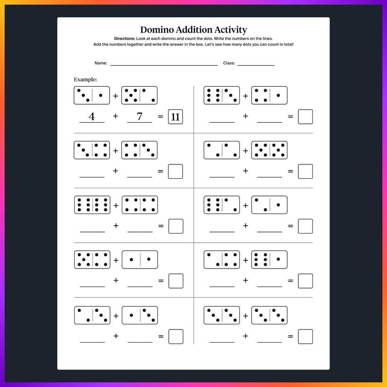 Advanced Domino Math Addition Cards Worksheets,math Practice ...