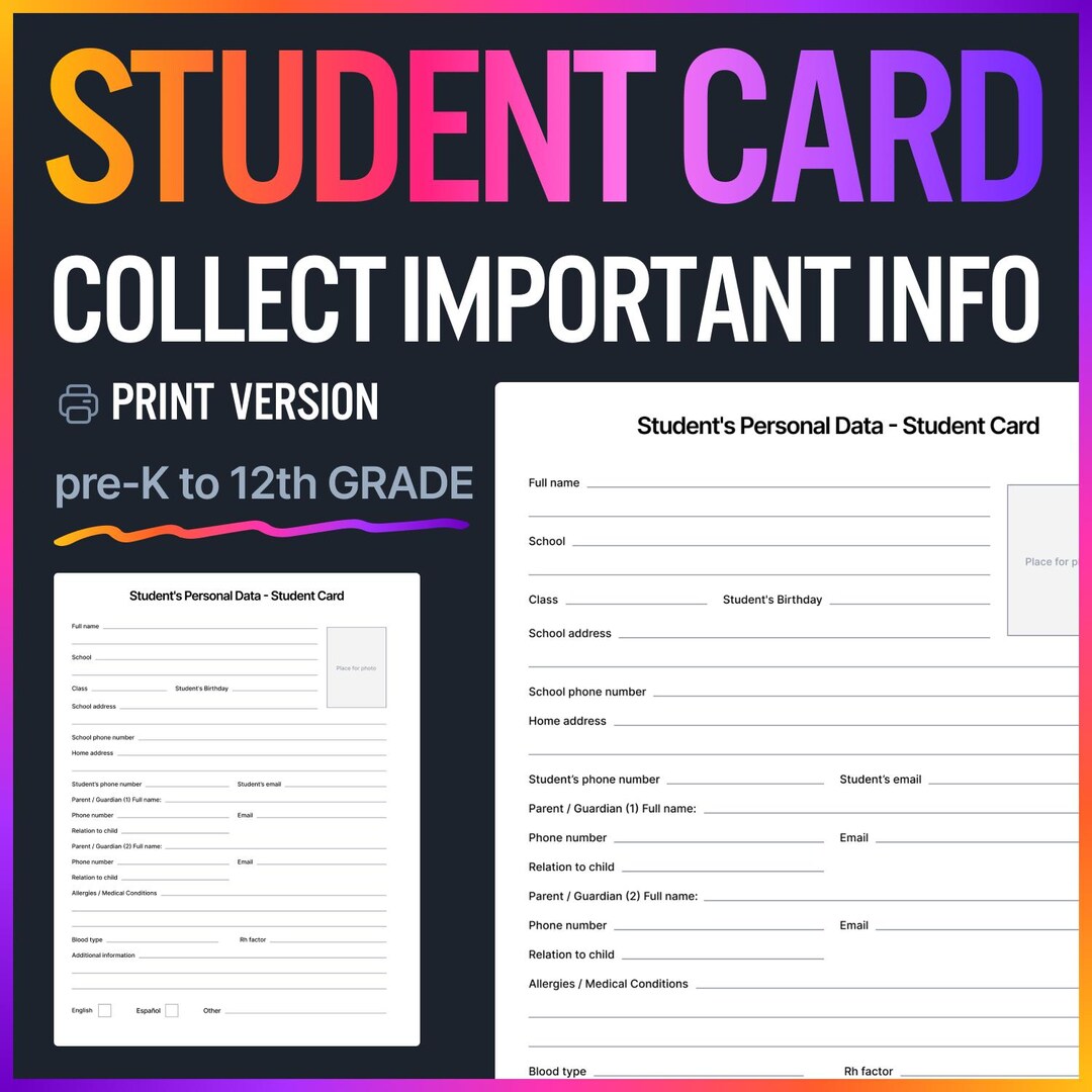 Student's Personal Data Card | Printable Student Information Sheet for ...