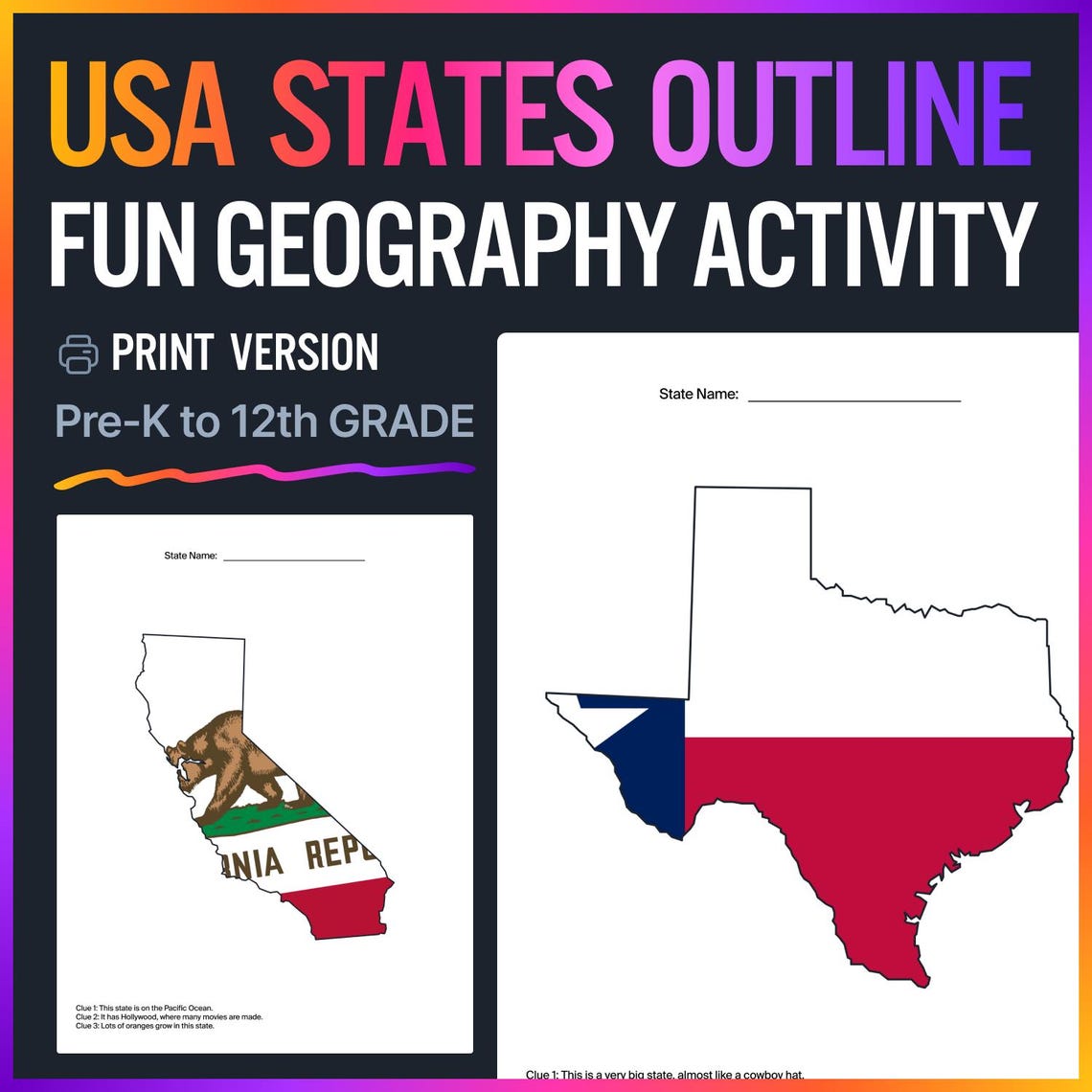 Printable USA Geography Worksheets | States Outline Sheets and Clues ...