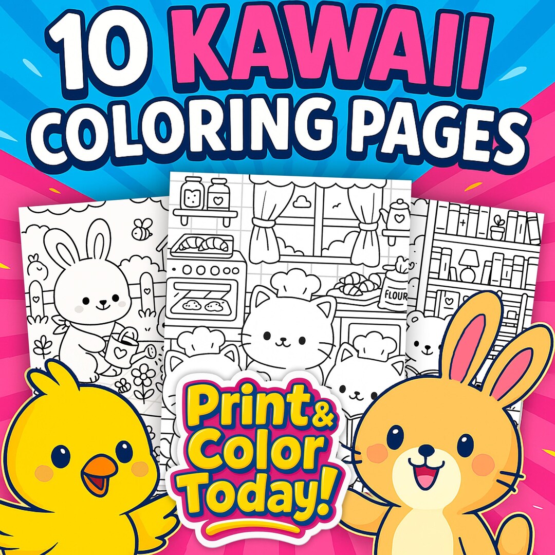 Kawaii Animal Scene Coloring Pages | 10 Printable Cute & Cozy Sheets ...