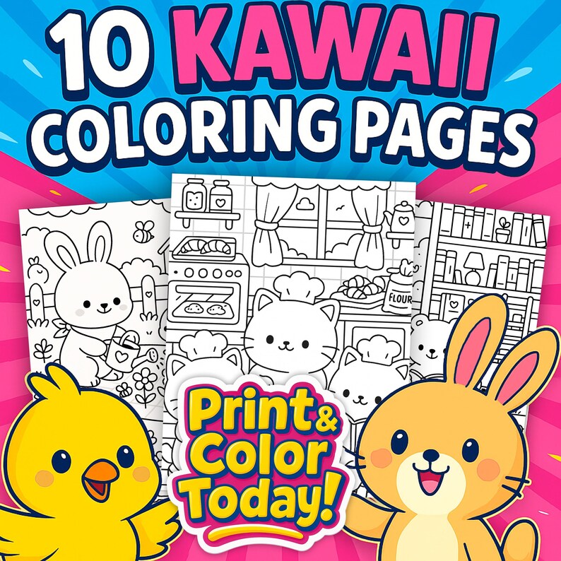 Kawaii Animal Scene Coloring Pages | 10 Printable Cute & Cozy Sheets ...