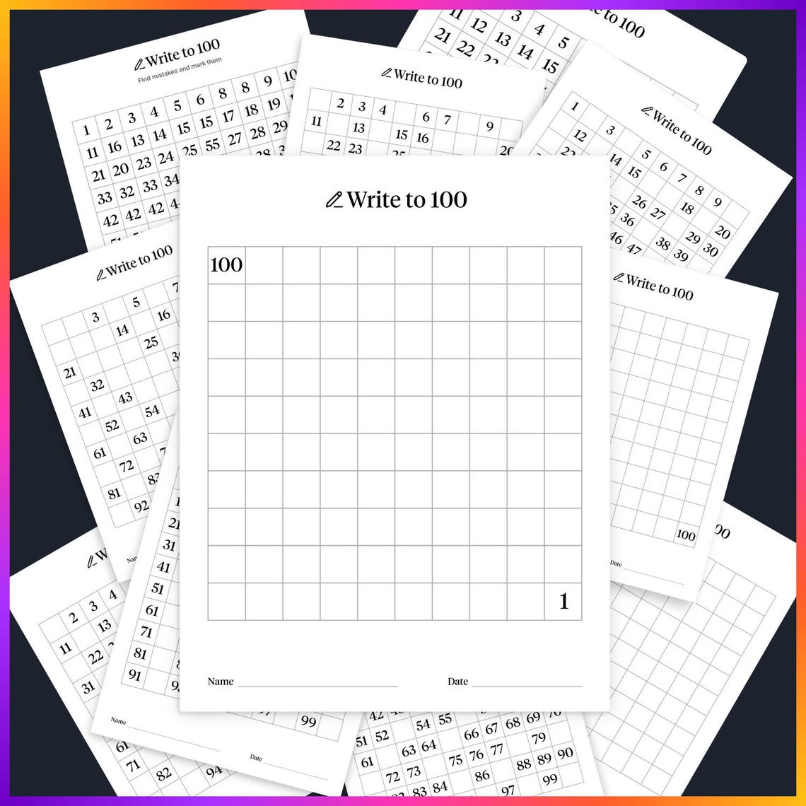 Write to 100 | Number Charts Sheet | Blank, Filled & Missing Numbers - Etsy