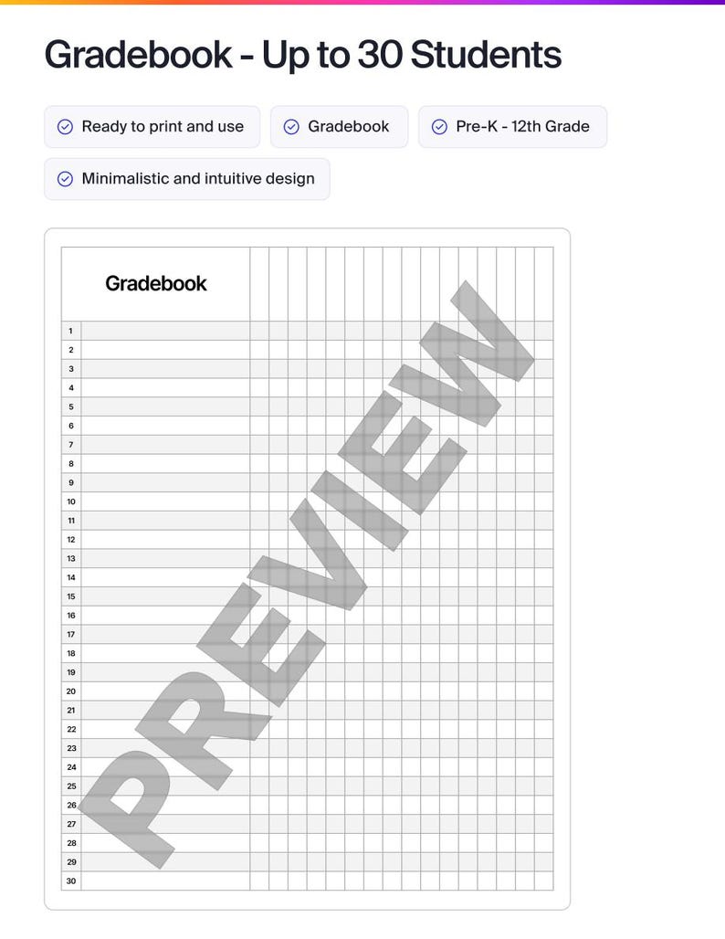 Printable Teacher Gradebook | Student Grading Sheet | Classroom Tracker for 30 Students - Etsy