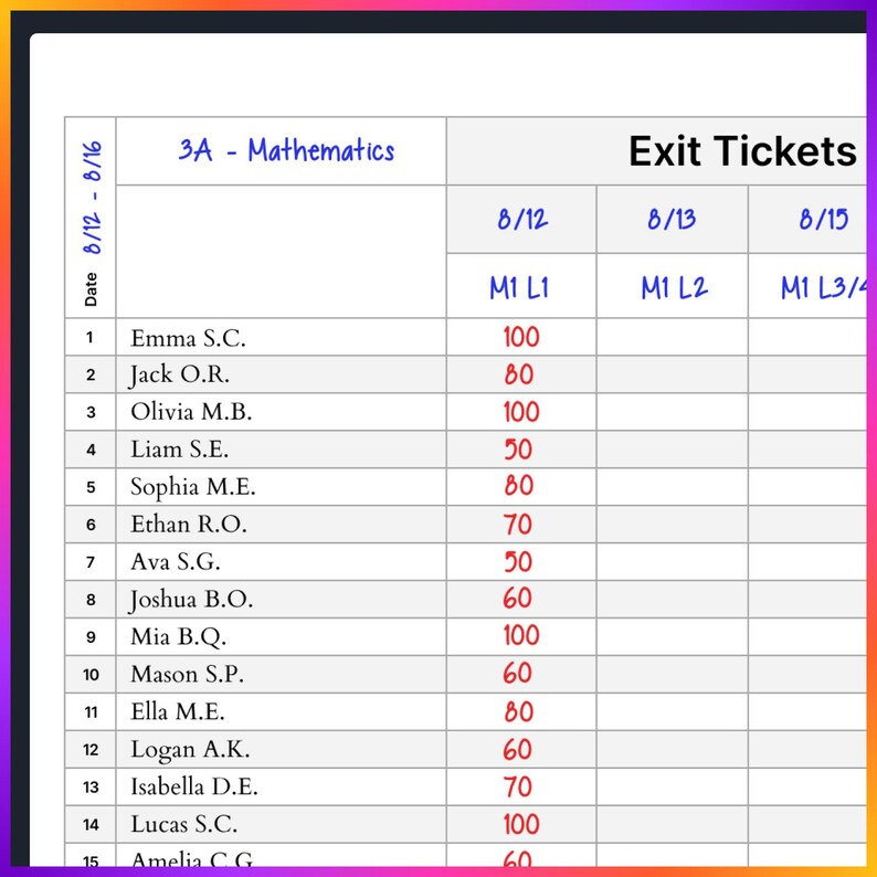 Exit Ticket Gradebook - Printable Templates for Classes of 25, 20, and ...