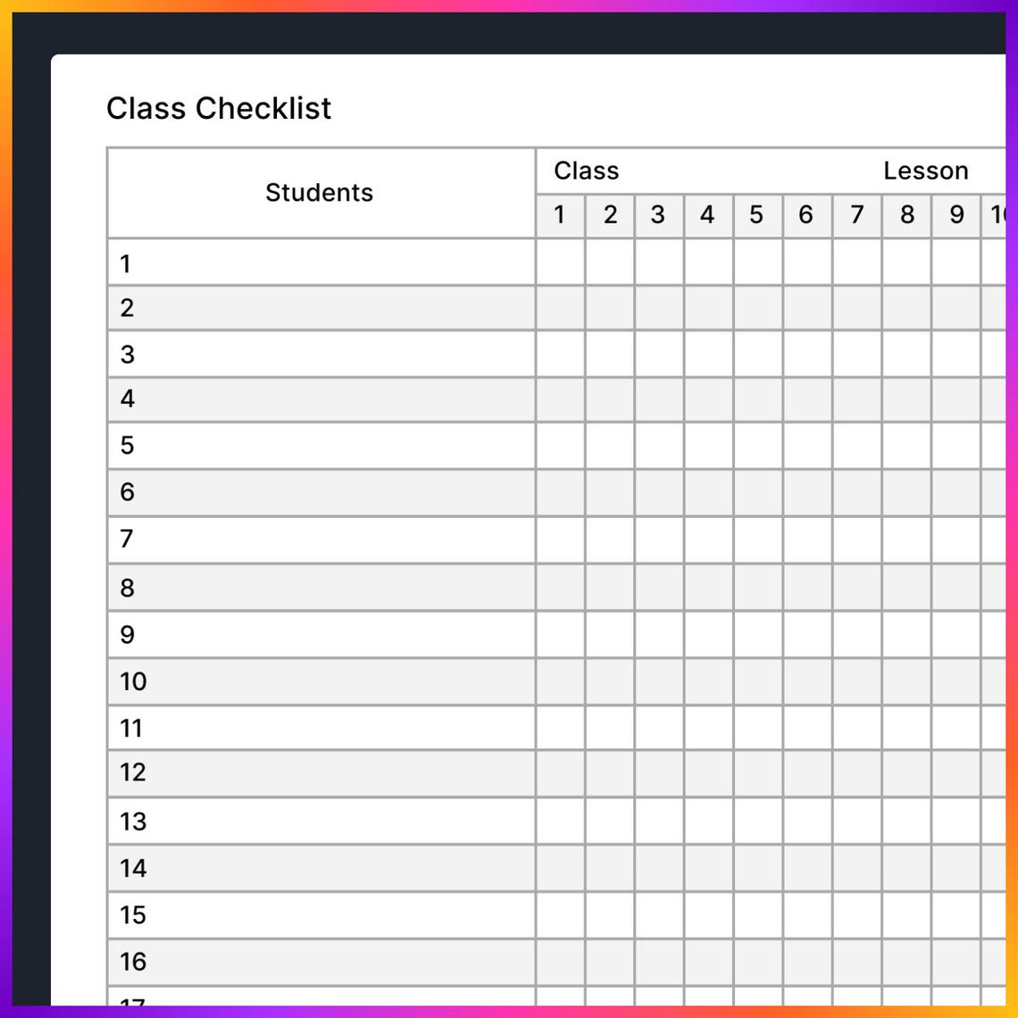 Monthly Class Checklist for Teachers | Printable Attendance, Task ...