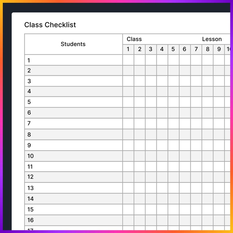 Monthly Class Checklist - Tracking Student Attendance and Task ...