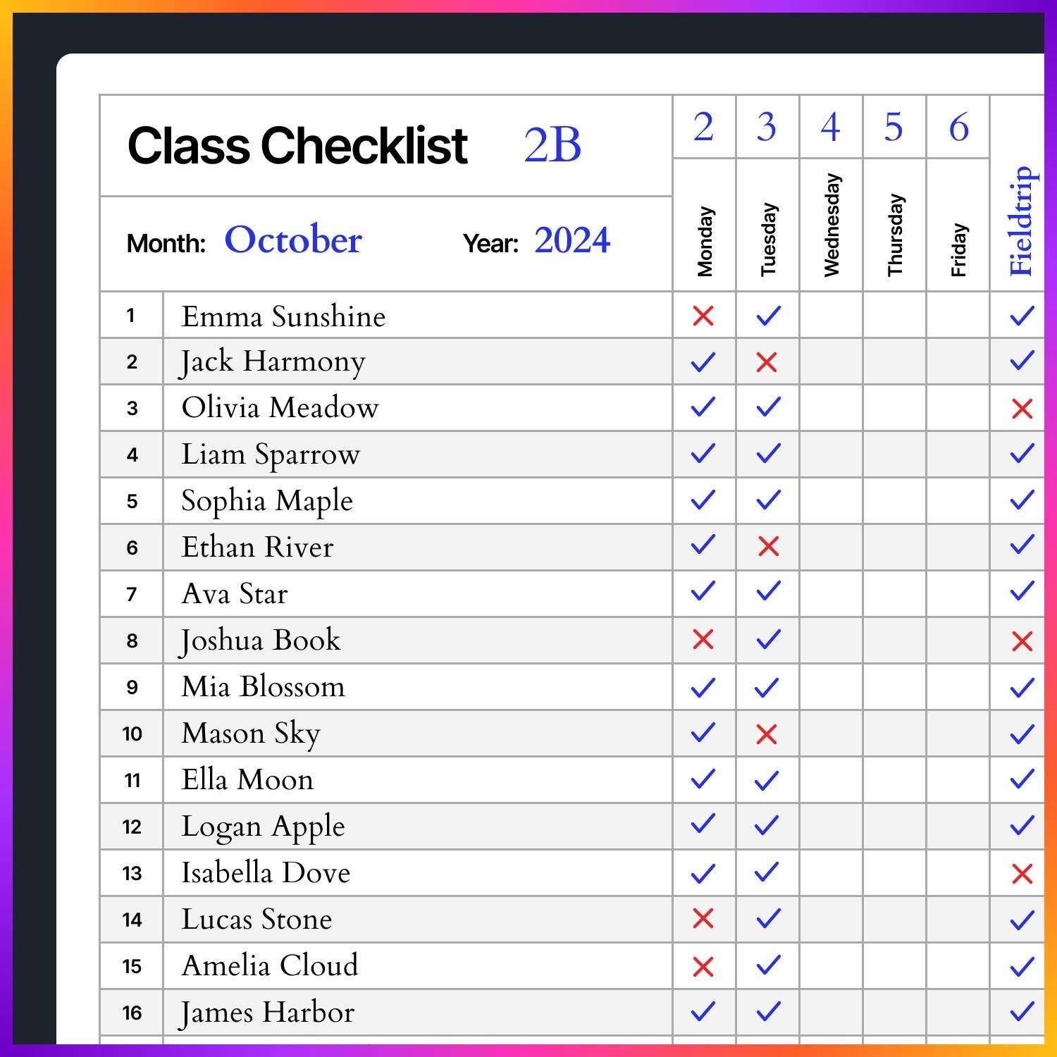Class Checklist for 20 Students | 12 Variants in 2 Styles | Printable ...