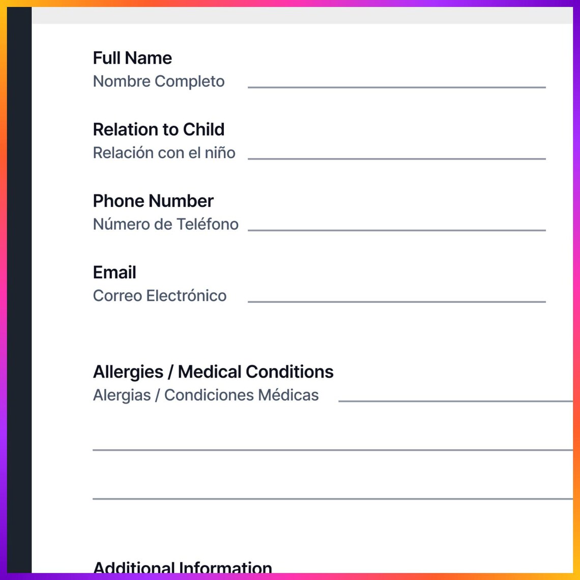 Student and Family Information Form - Bilingual (english and Spanish ...