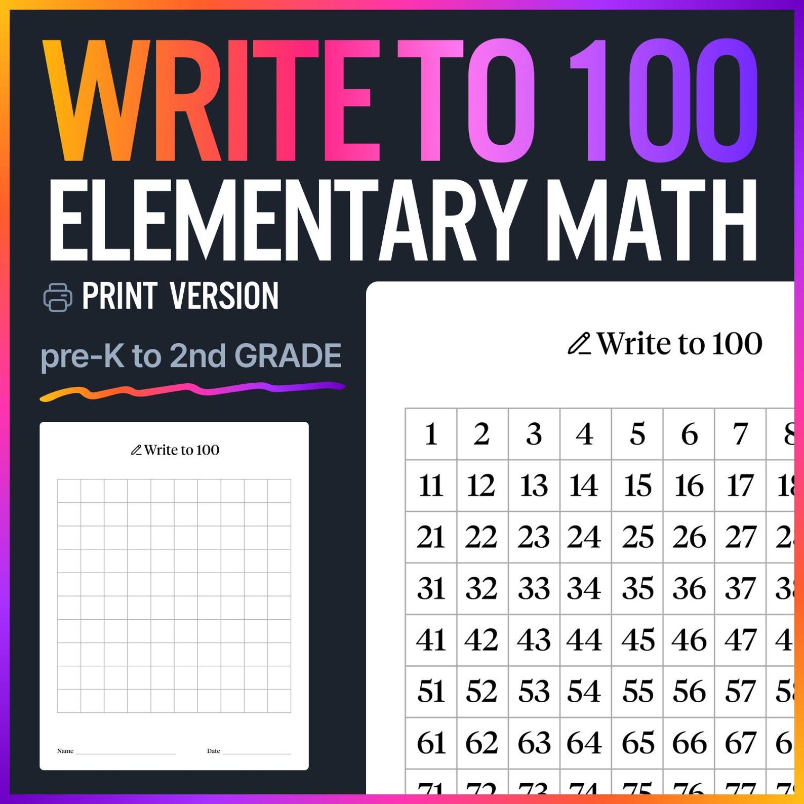Write to 100 | Number Charts Sheet | Blank, Filled & Missing Numbers - Etsy