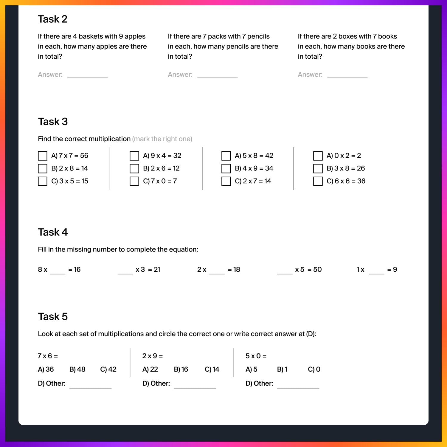 Multiplication Tasks Worksheets | Printable Math Practice for 2nd and ...