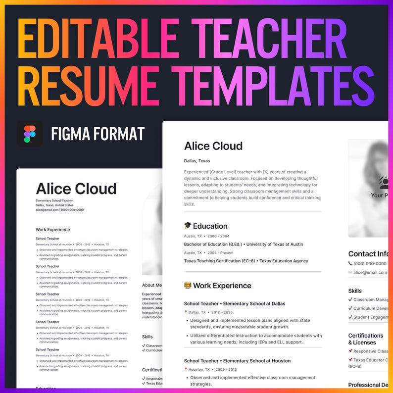 Editable Teacher Resume Templates: Professional CV Design (figma) - Etsy