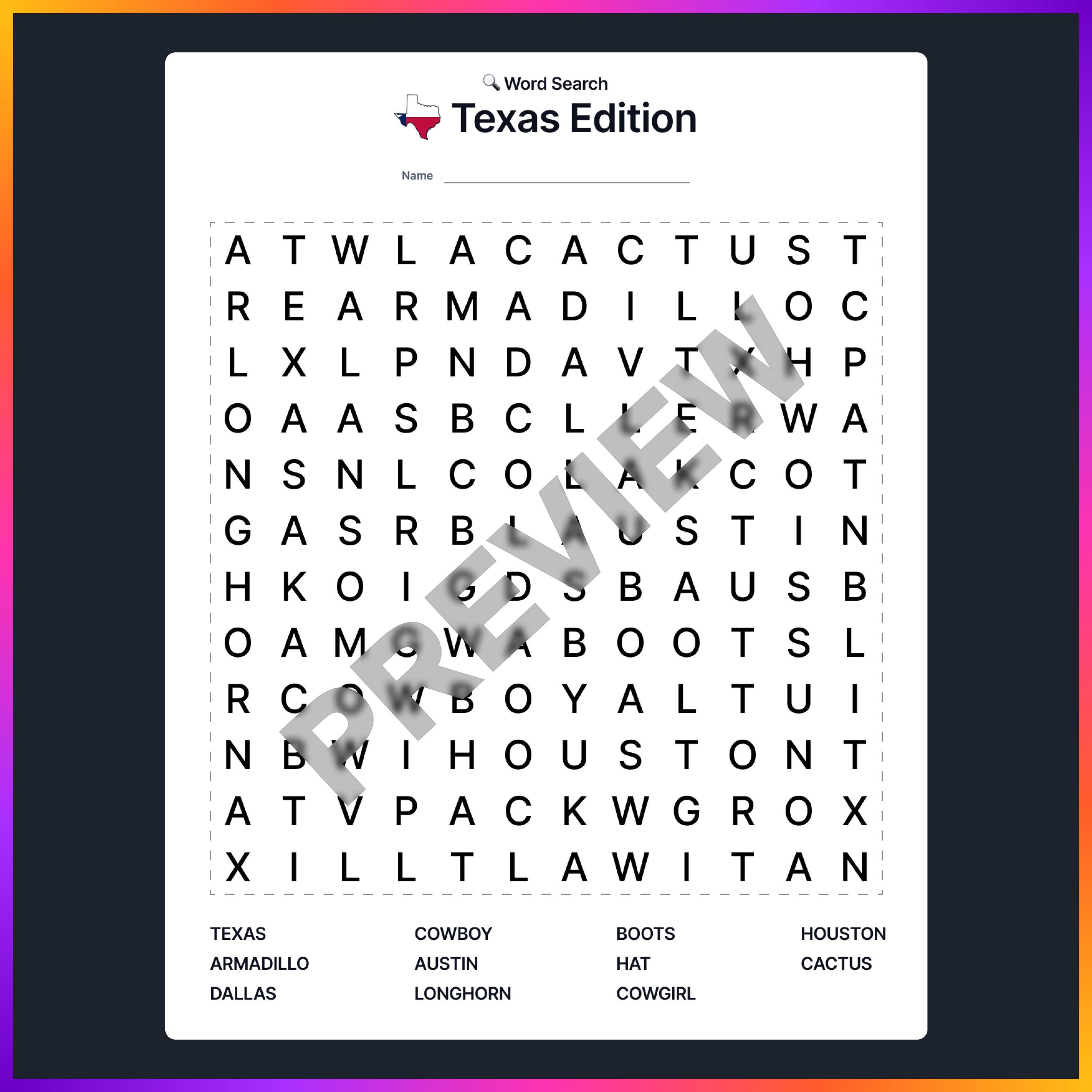 Texas Word Search Puzzle: Printable Activity Game (digital Download) - Etsy