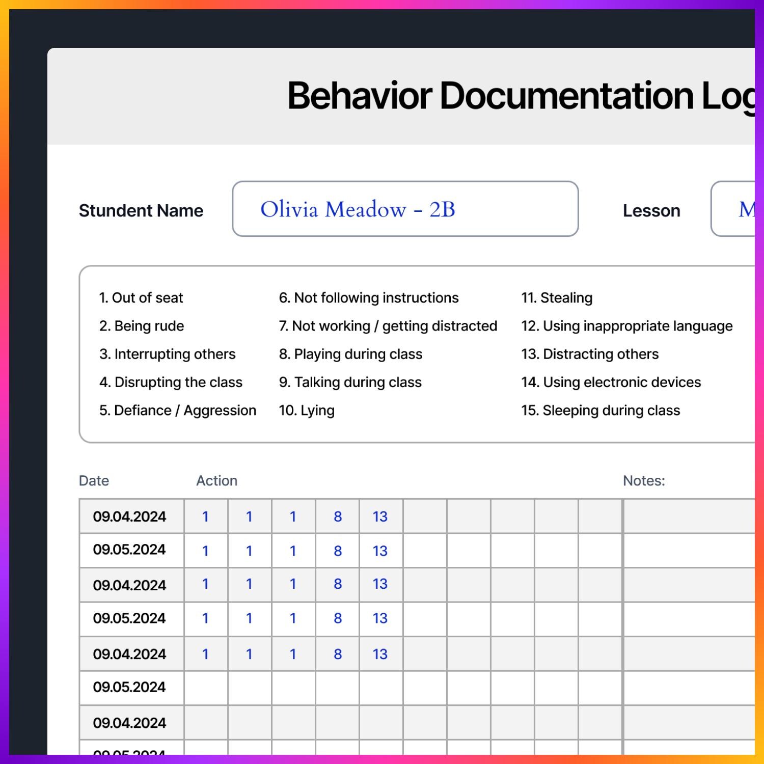 Behavior Documentation Log | Classroom Behavior Tracker | With Keys ...