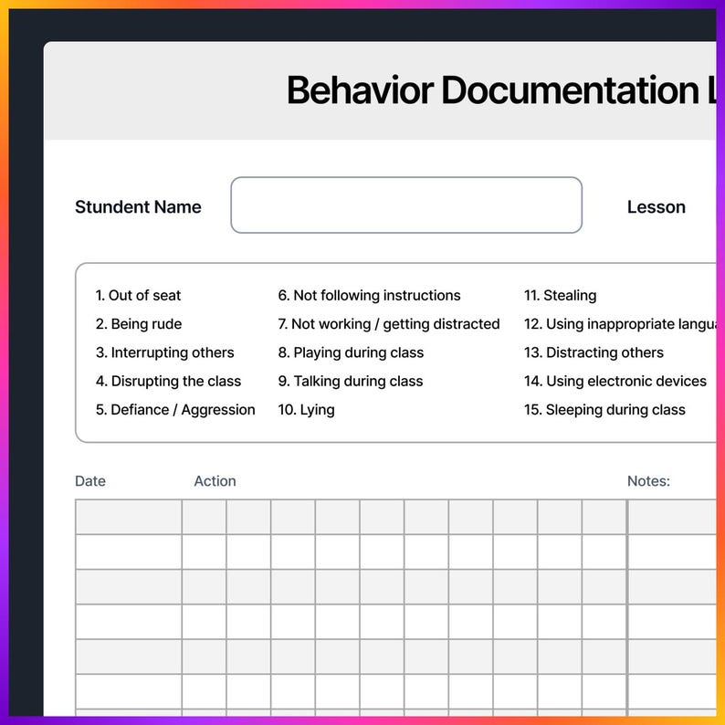 Behavior Documentation Log Classroom Behavior Tracker With Keys ...