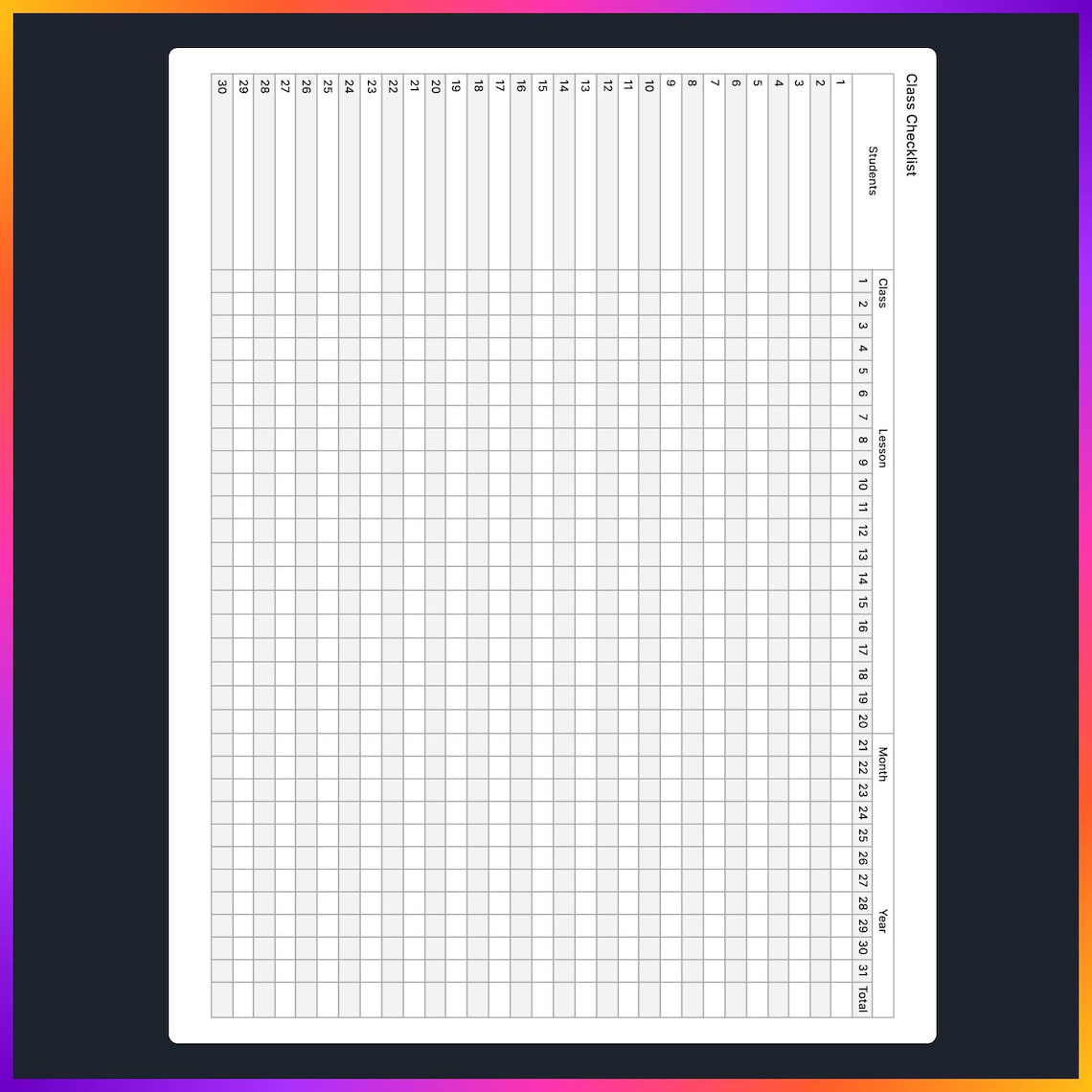 Monthly Class Checklist for Teachers | Printable Attendance, Task ...