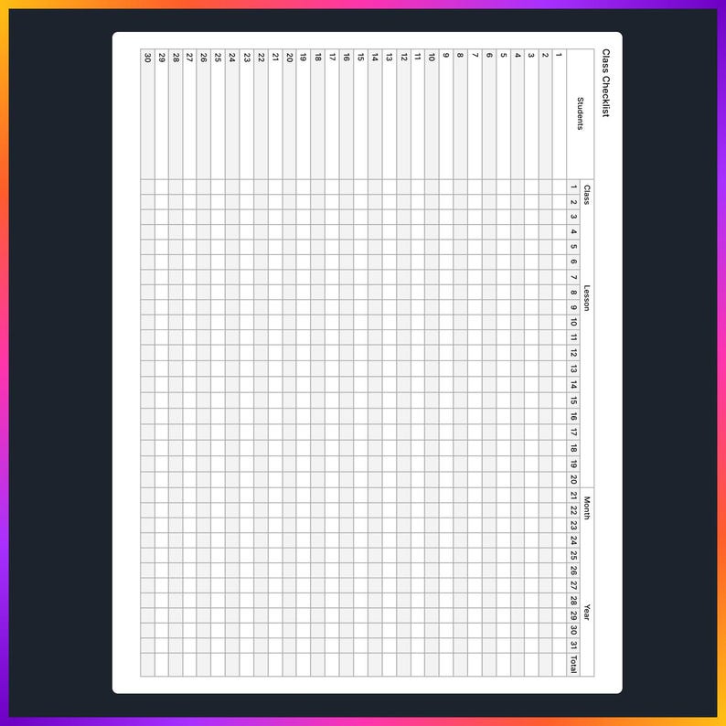 Monthly Class Checklist - Tracking Student Attendance and Task ...