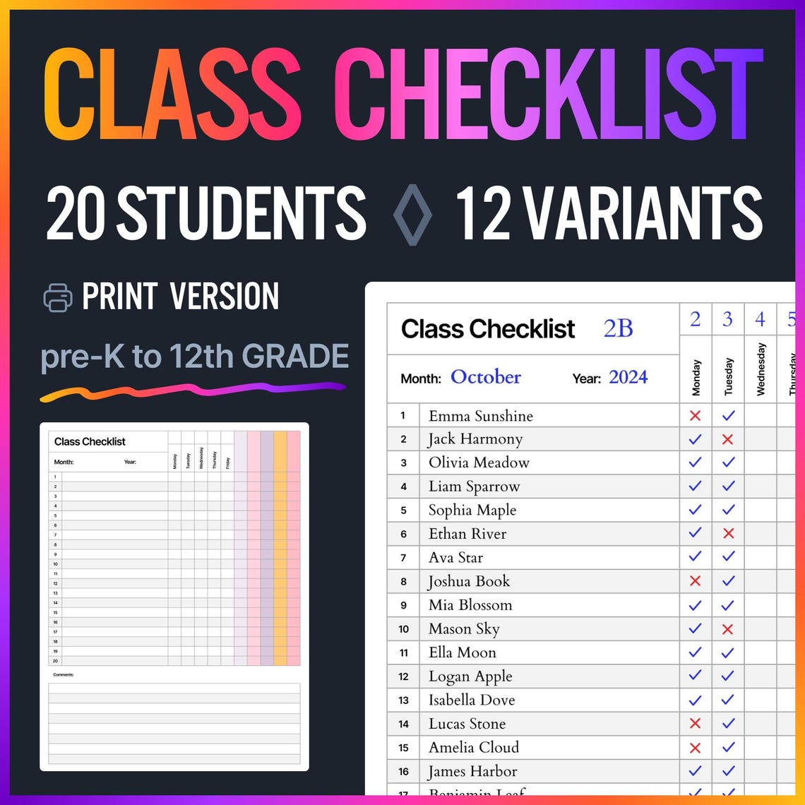 Class Checklist for 20 Students | 12 Variants in 2 Styles | Printable ...