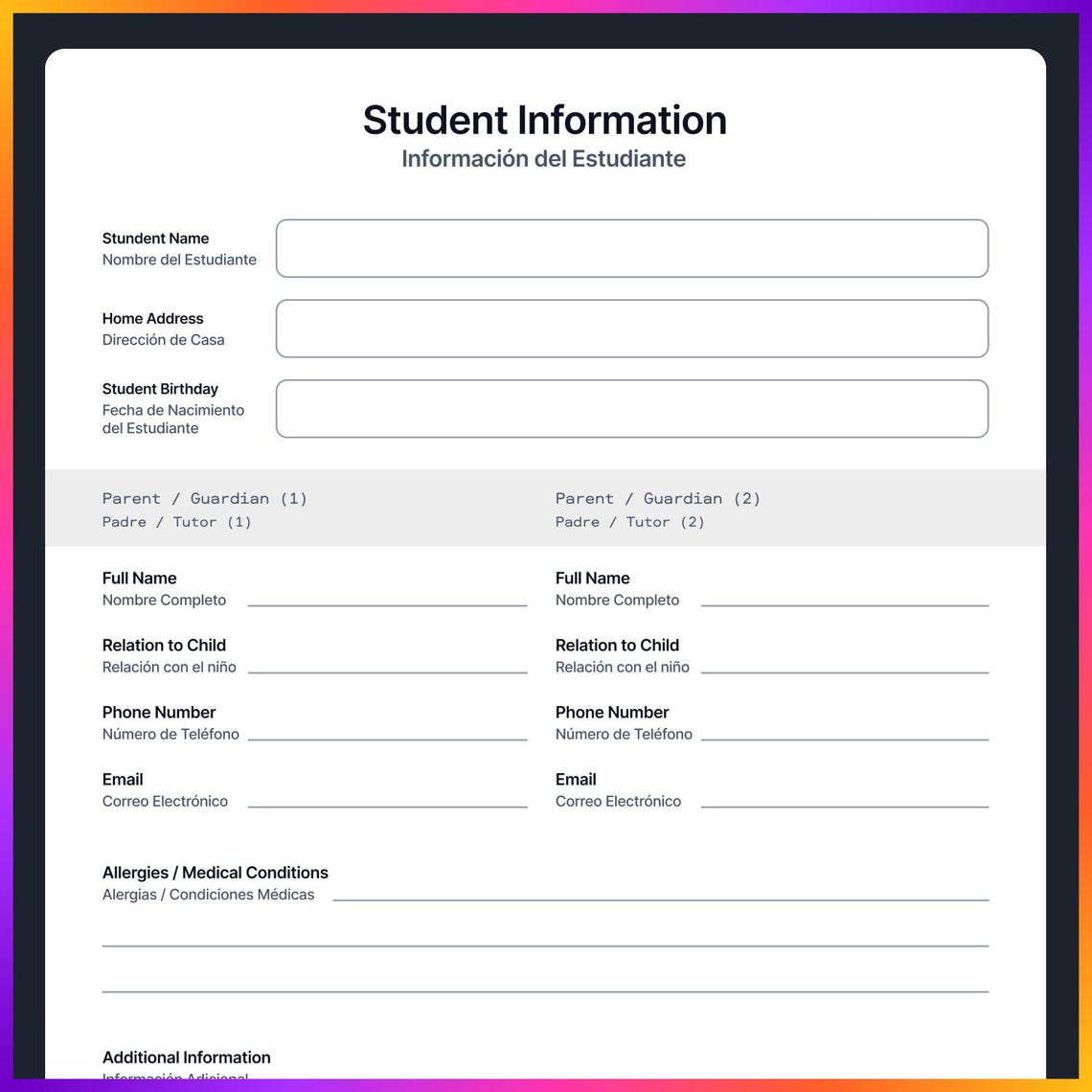 Student and Family Information Form - Bilingual (english and Spanish ...