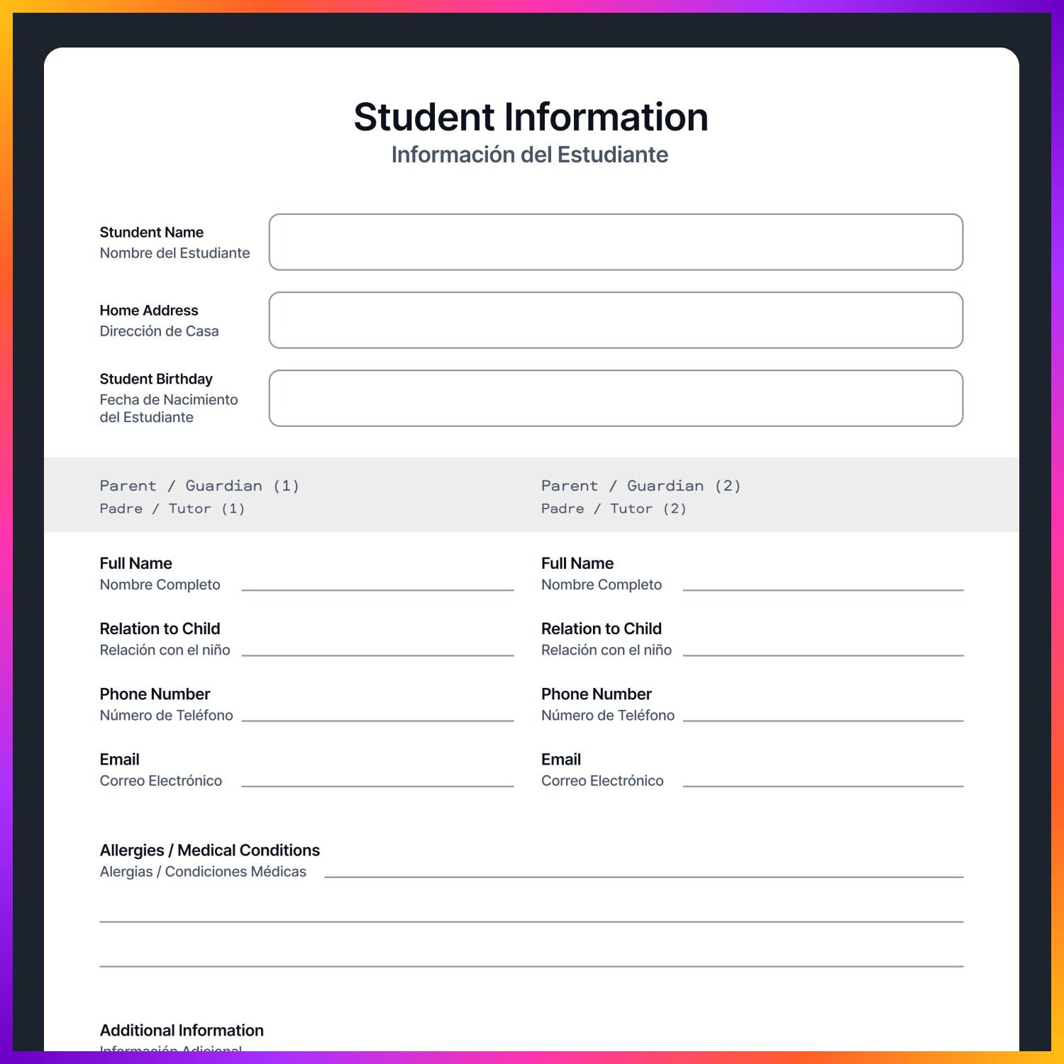 Student and Family Information Form - Bilingual (english and Spanish ...