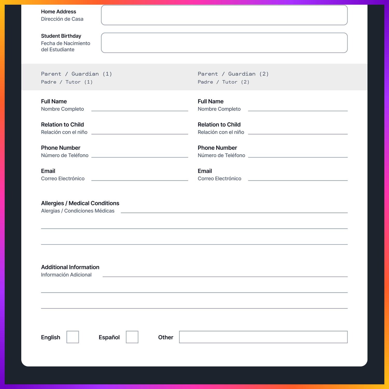 Student and Family Information Form - Bilingual (english and Spanish ...