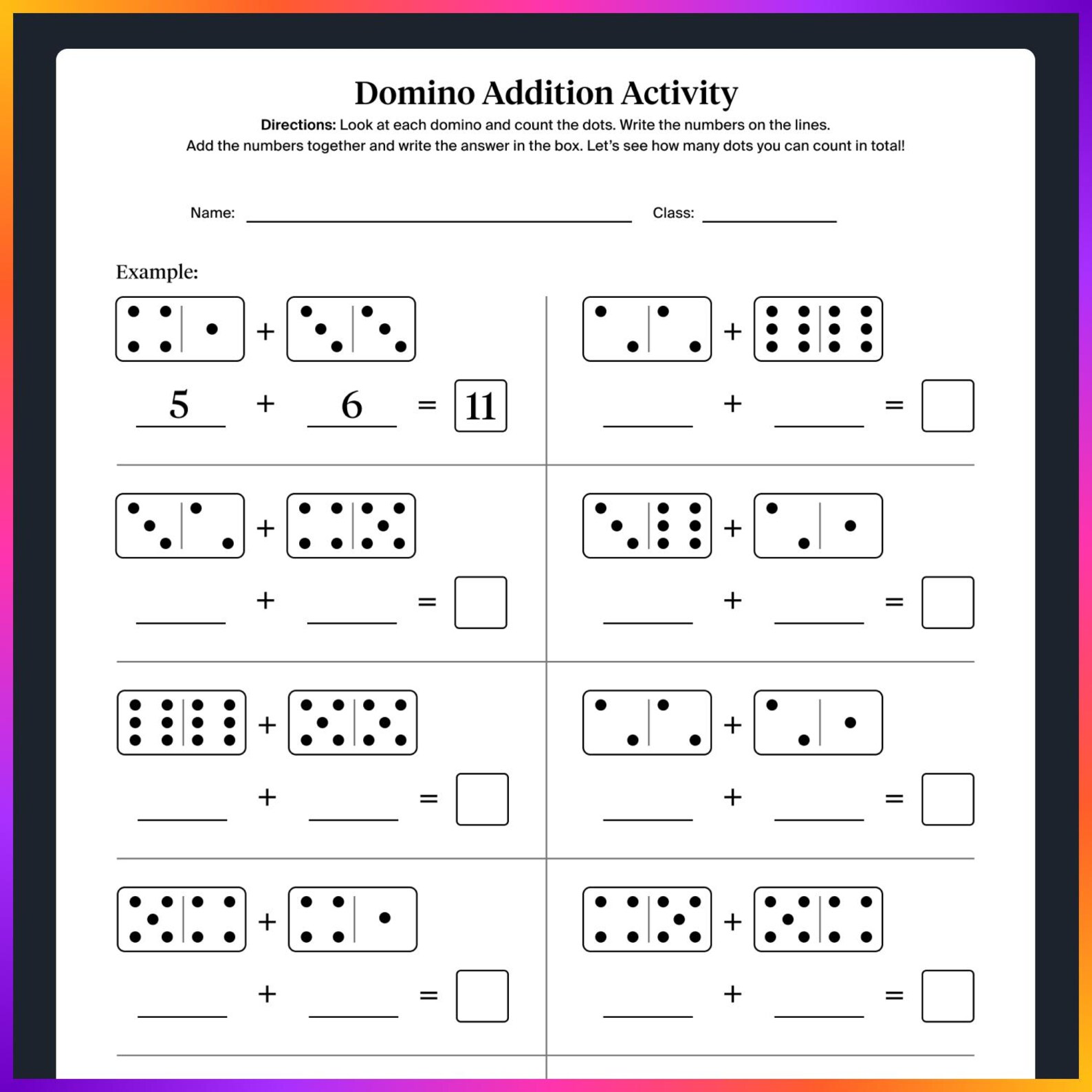 Advanced Domino Math Addition Cards Worksheets,math Practice ...