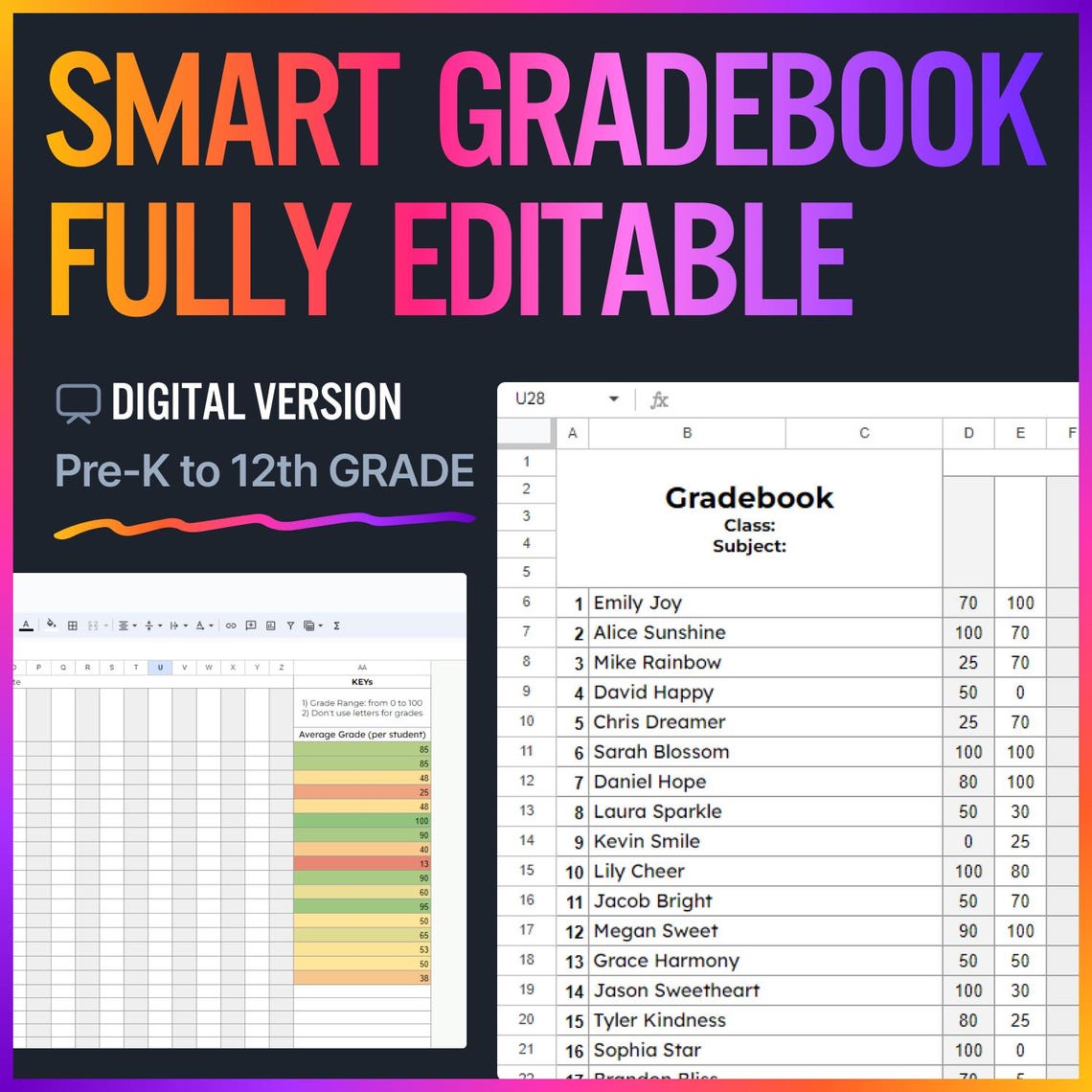 Editable Smart Gradebook (google Sheets) | Automatic Grade Calculations ...
